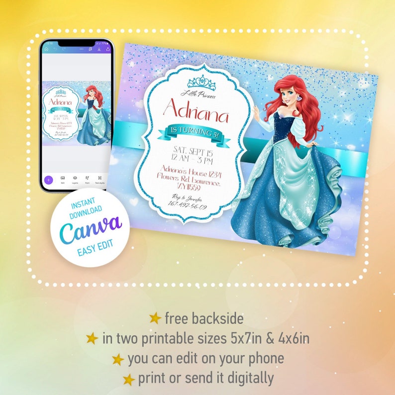Princess Ariel Birthday Invitation, Girl Editable Invite Template ...