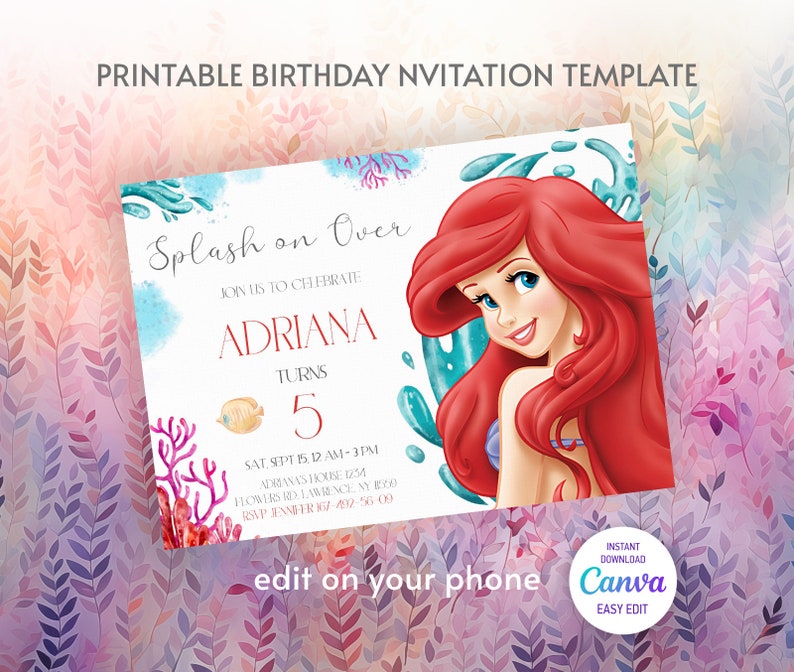 Invitación de cumpleaños de la princesa Ariel, plantilla de invitación ...