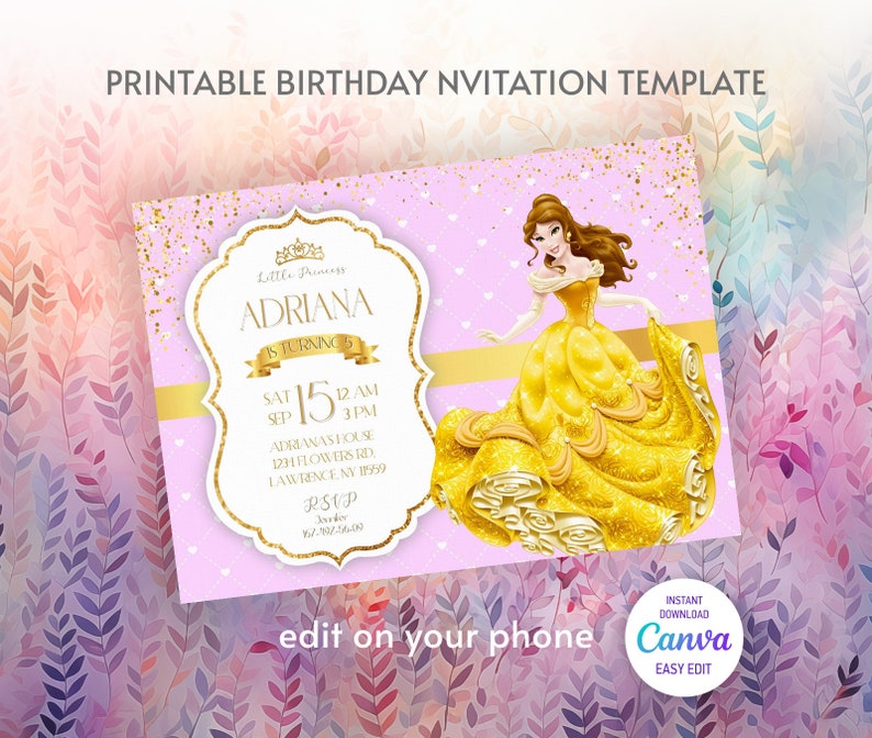 Princess Belle Birthday Invitation, Girl Editable Invite Template ...