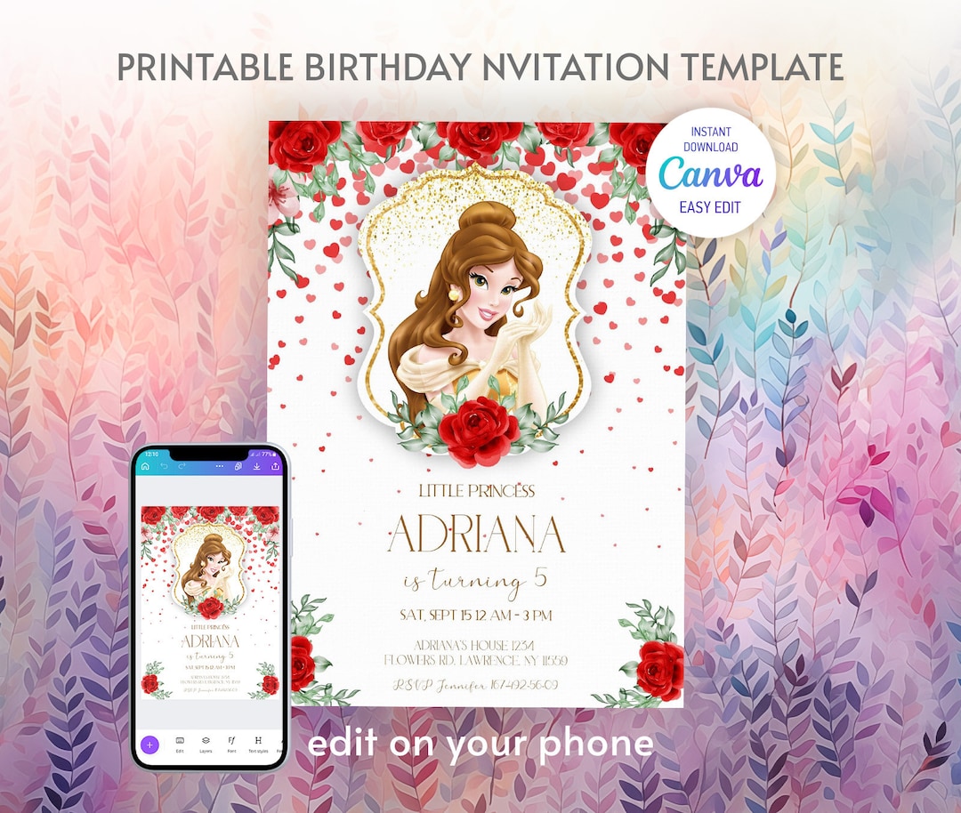 Princess Belle Birthday Invitation, Girl Editable Invite Template ...