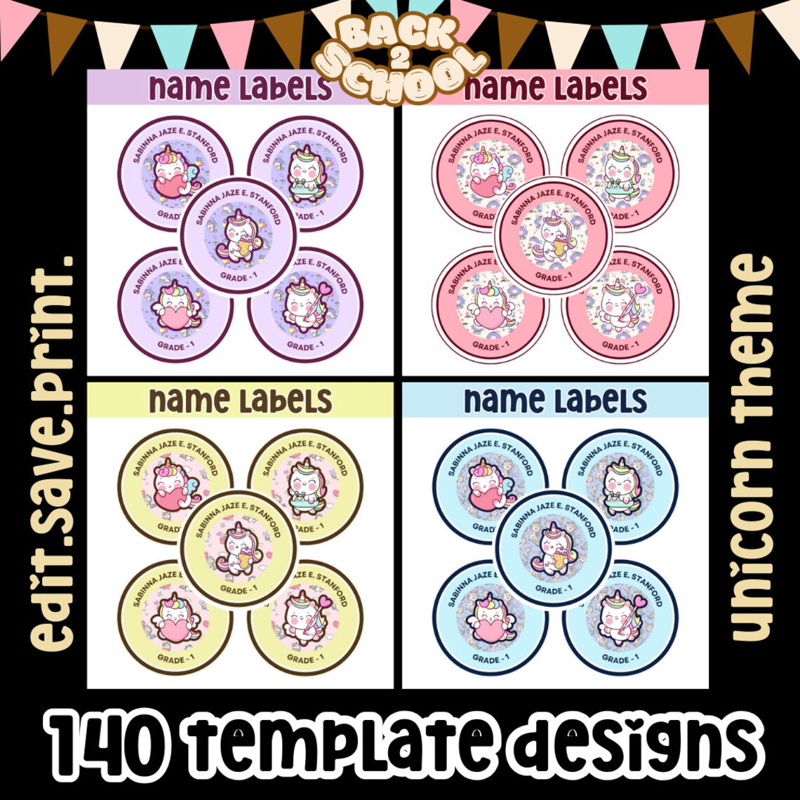 Editable Unicorn School Labels 140 Templates Canva Digital File Name ...