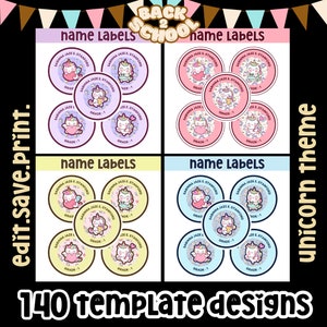 Editable Unicorn School Labels 140 Templates Canva Digital File Name ...