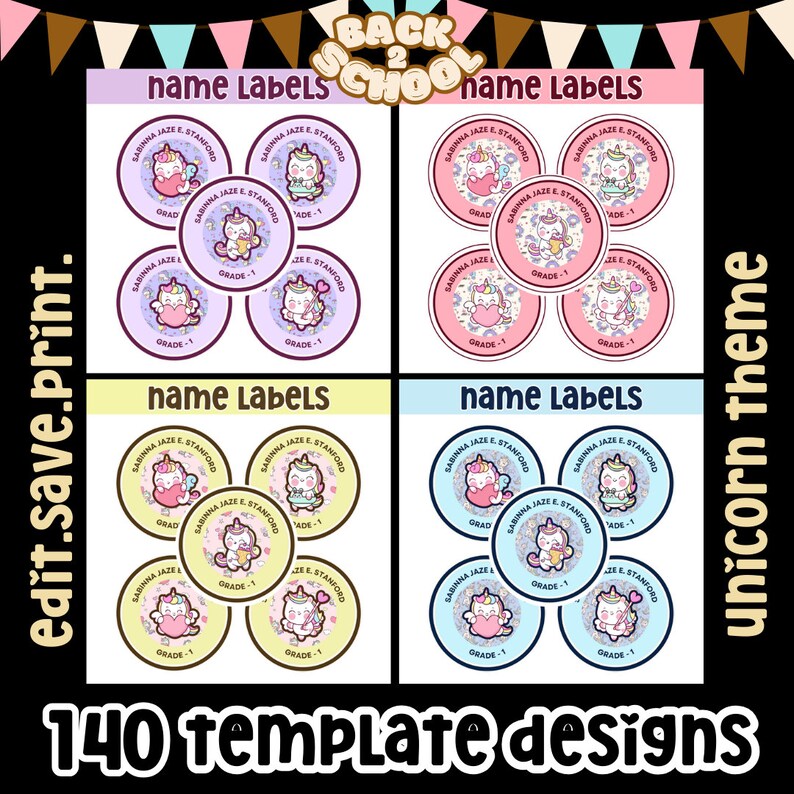 Editable Unicorn School Labels 140 Templates Canva Digital File Name ...