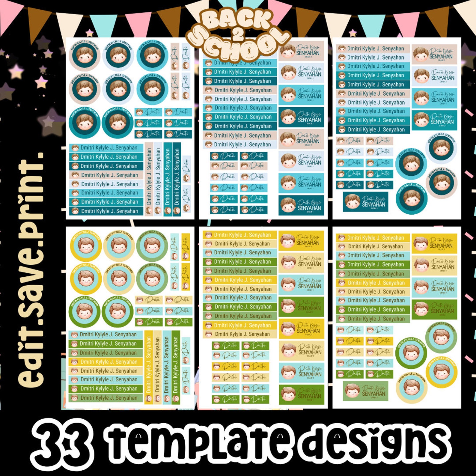 Editable Name Sticker Labels Template 11 Colorful Palettes A4 Size ...
