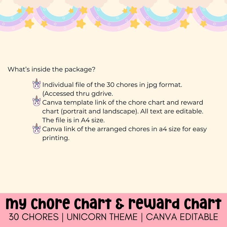 Unicorn Chore & Reward Chart for Kids 30 Editable Chore Icons A4 ...