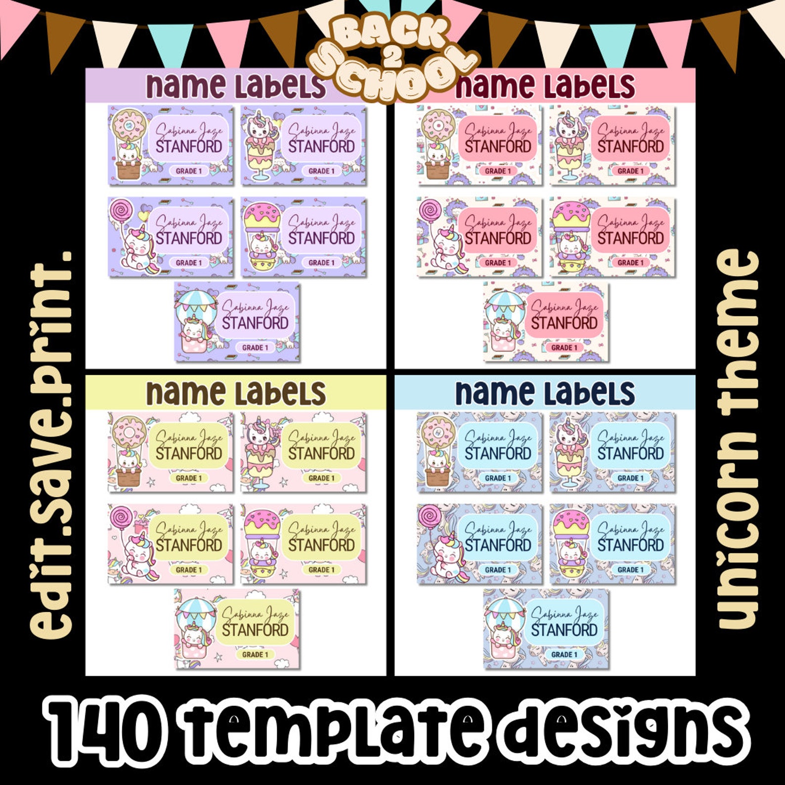 Editable Unicorn School Labels 140 Templates Canva Digital File Name ...