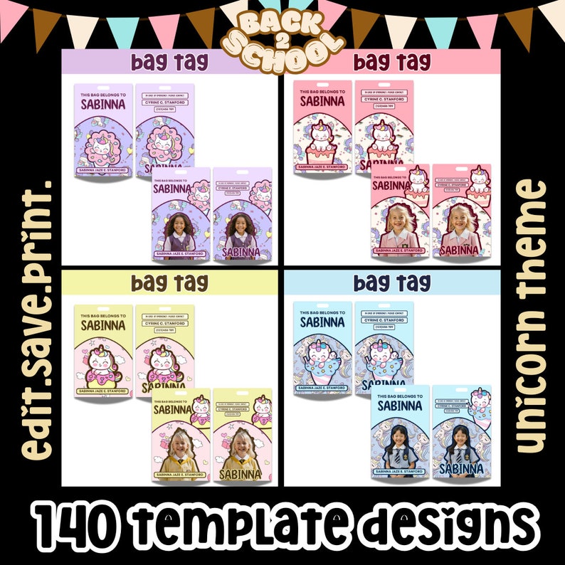 Editable Unicorn School Labels 140 Templates Canva Digital File Name ...