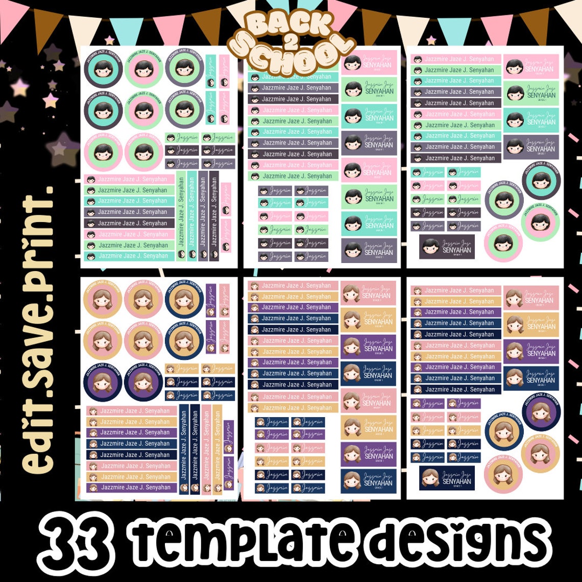 Editable Name Sticker Labels Template 11 Colorful Palettes A4 Size ...