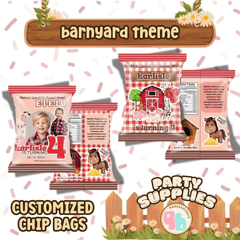 Barnyard Theme Chip Bag Printable Farm Animal Party Favor Customizable ...