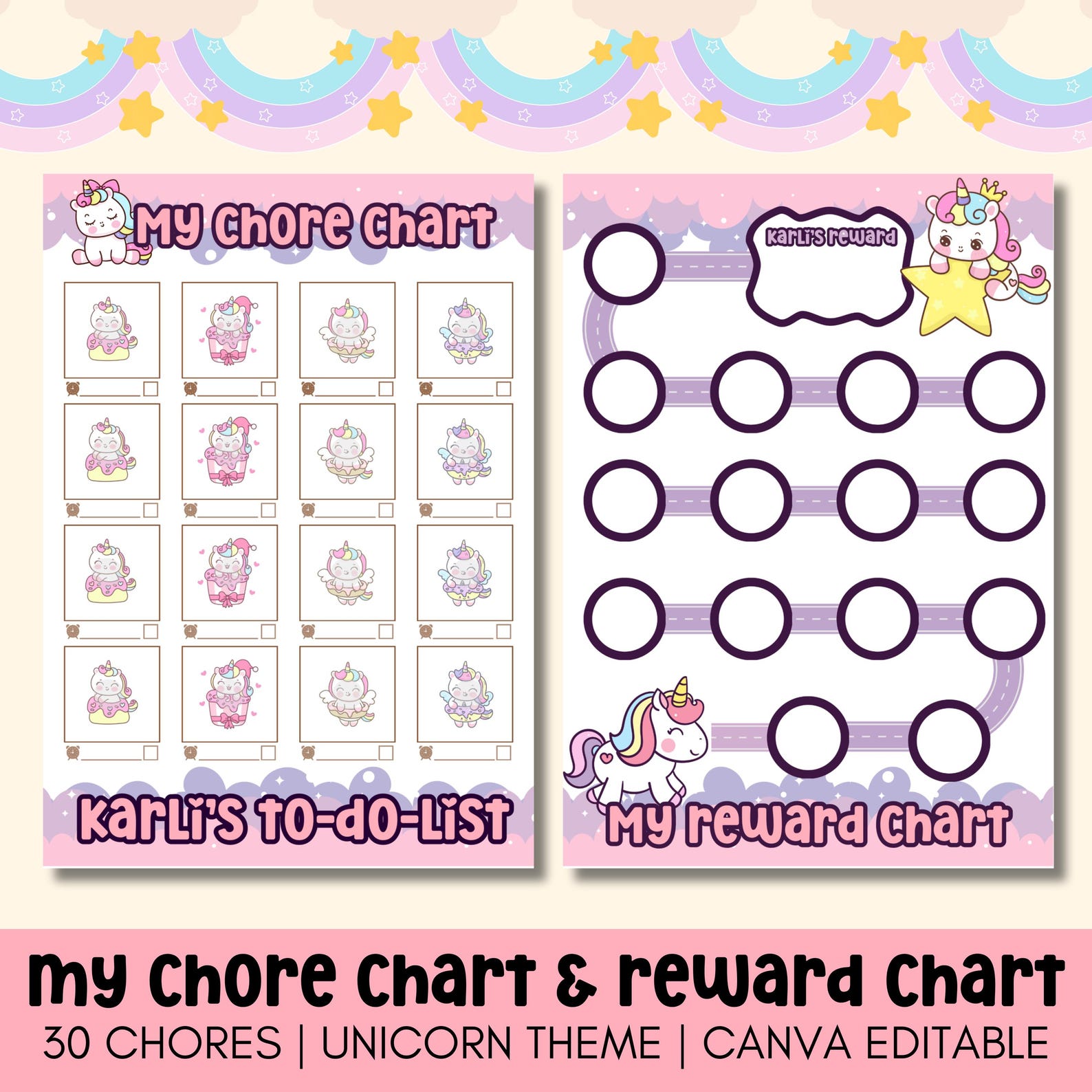 Unicorn Chore & Reward Chart for Kids 30 Editable Chore Icons A4 ...