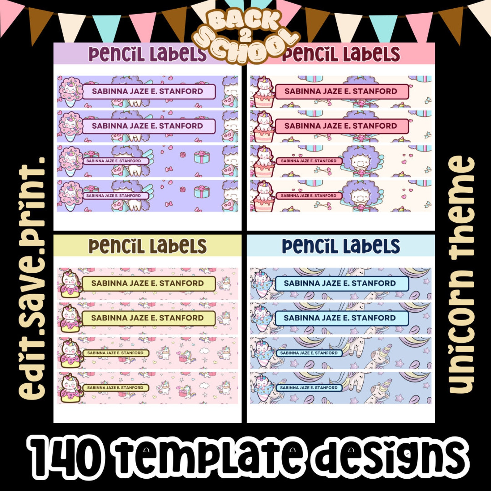 Editable Unicorn School Labels 140 Templates Canva Digital File Name ...