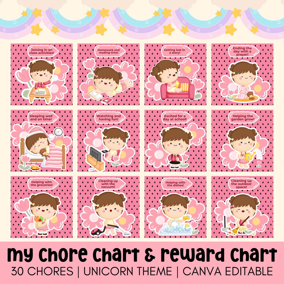 Unicorn Chore & Reward Chart for Kids 30 Editable Chore Icons A4 ...