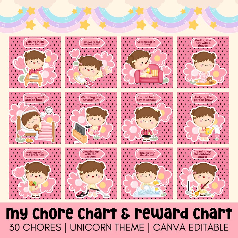 Unicorn Chore & Reward Chart for Kids 30 Editable Chore Icons A4 ...