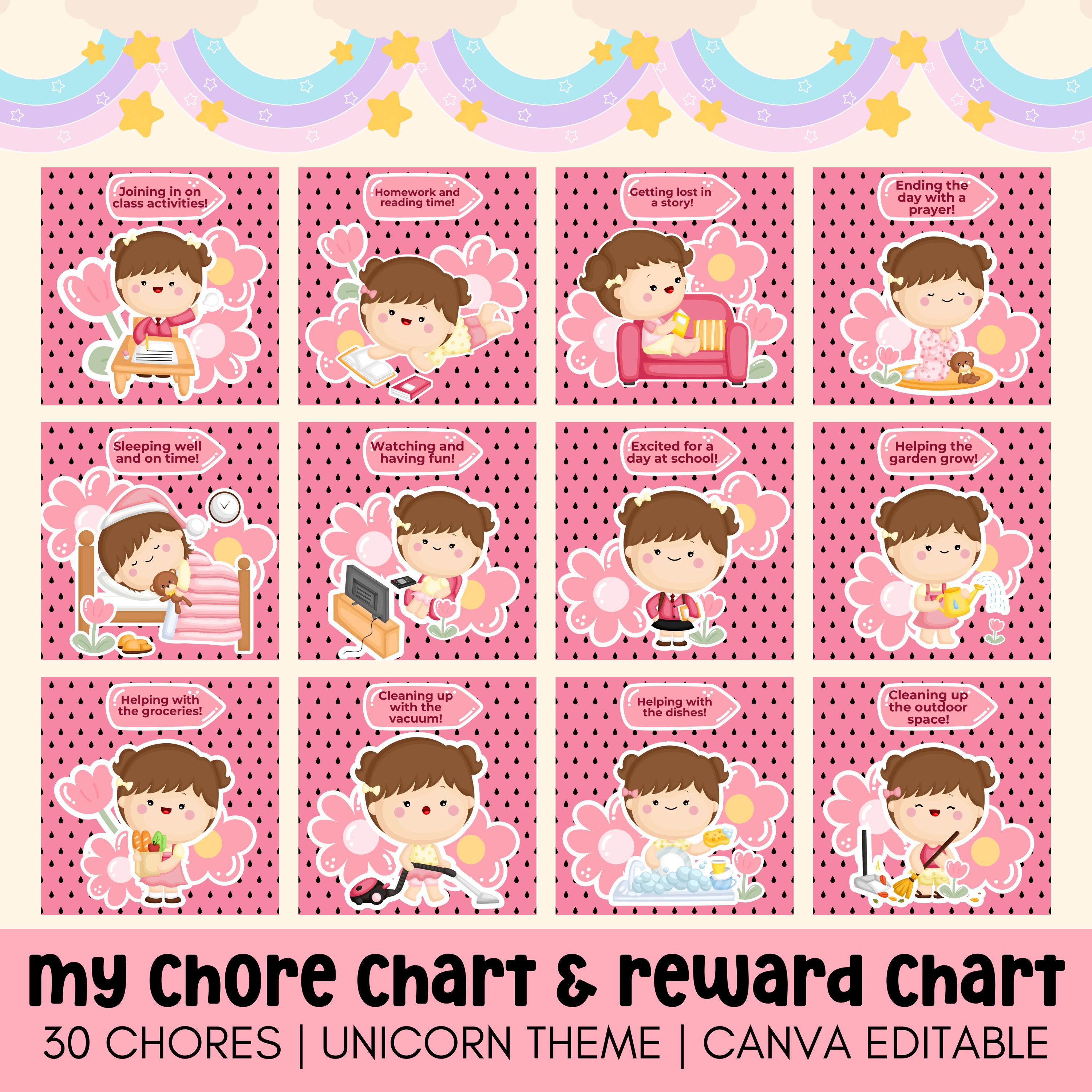 Unicorn Chore & Reward Chart for Kids 30 Editable Chore Icons A4 ...