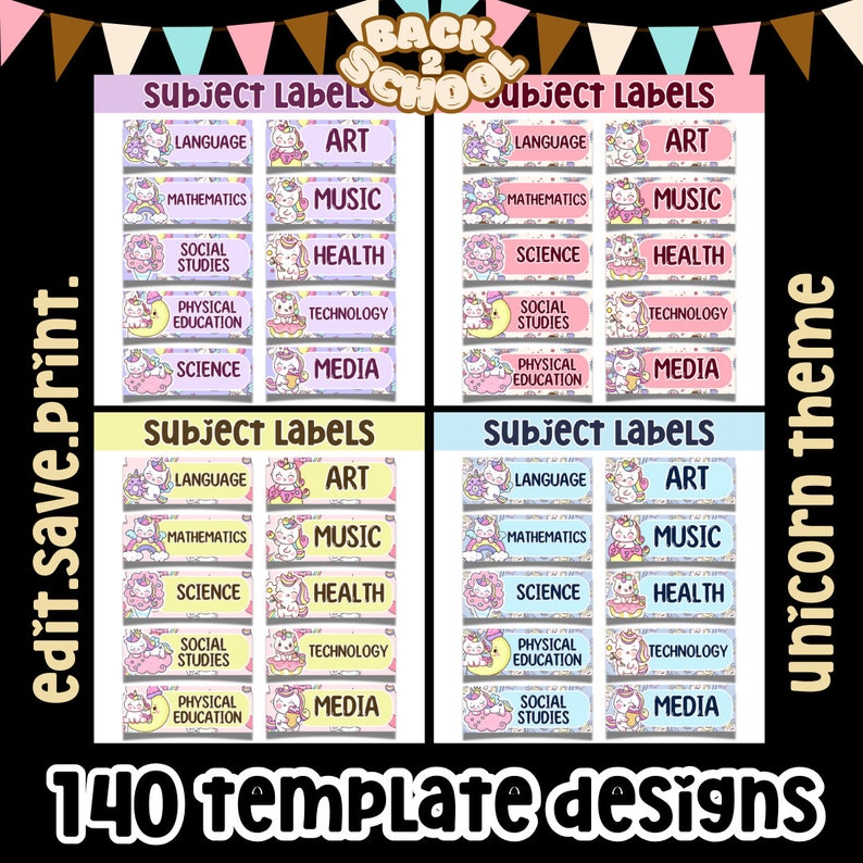 Editable Unicorn School Labels 140 Templates Canva Digital File Name ...