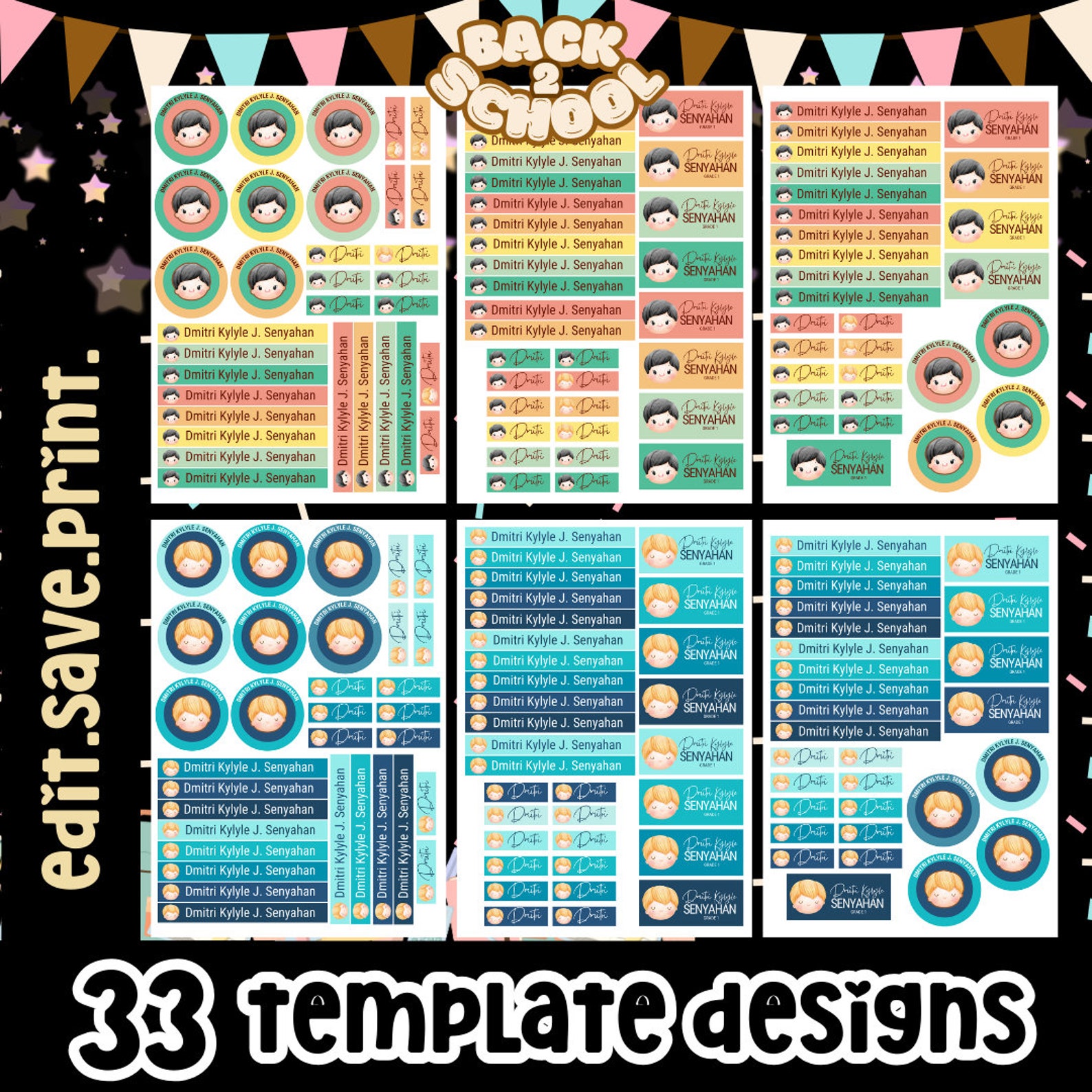 Editable Name Sticker Labels Template 11 Colorful Palettes A4 Size ...