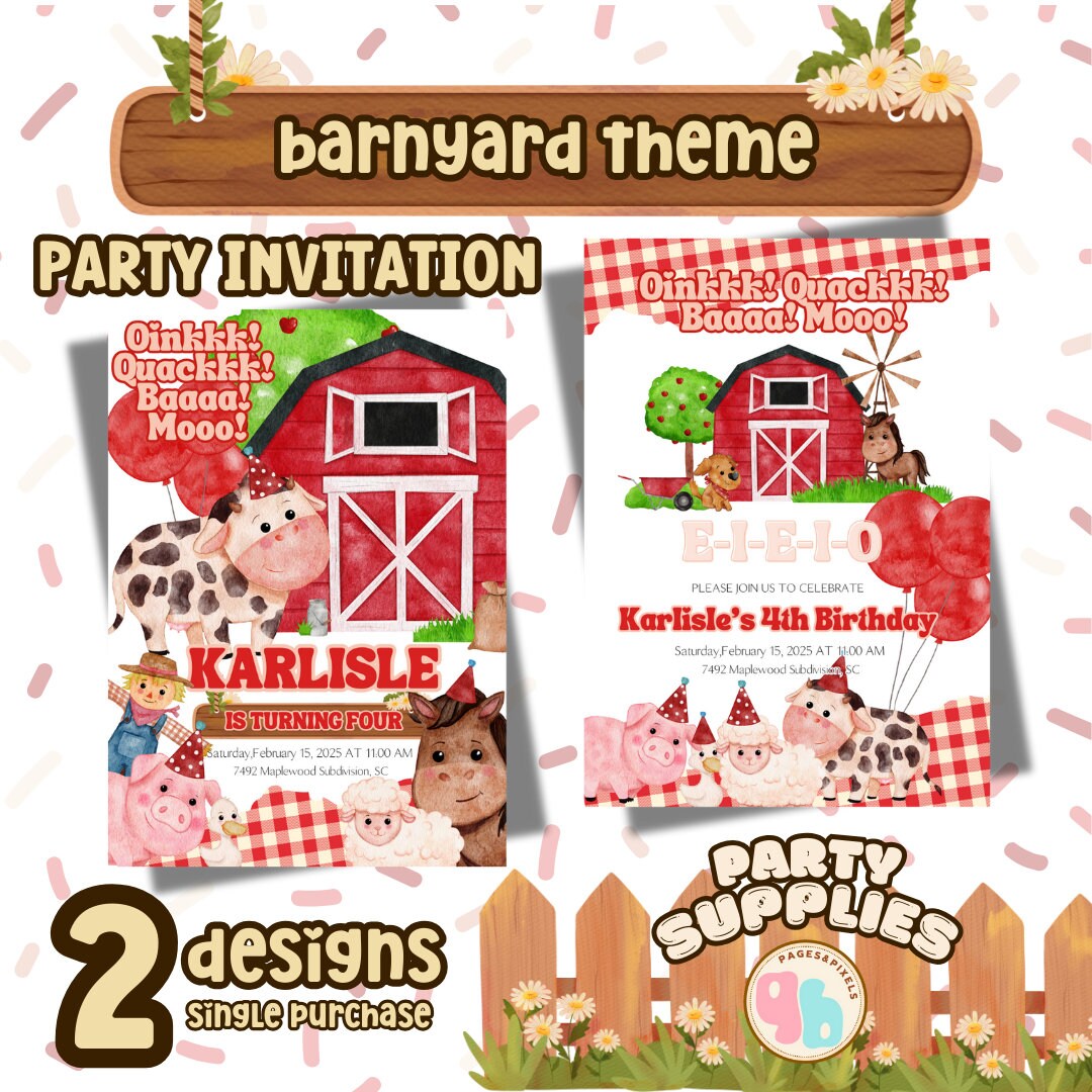 Barnyard Theme Party Invitation Editable Digital File 2 Designs Canva ...