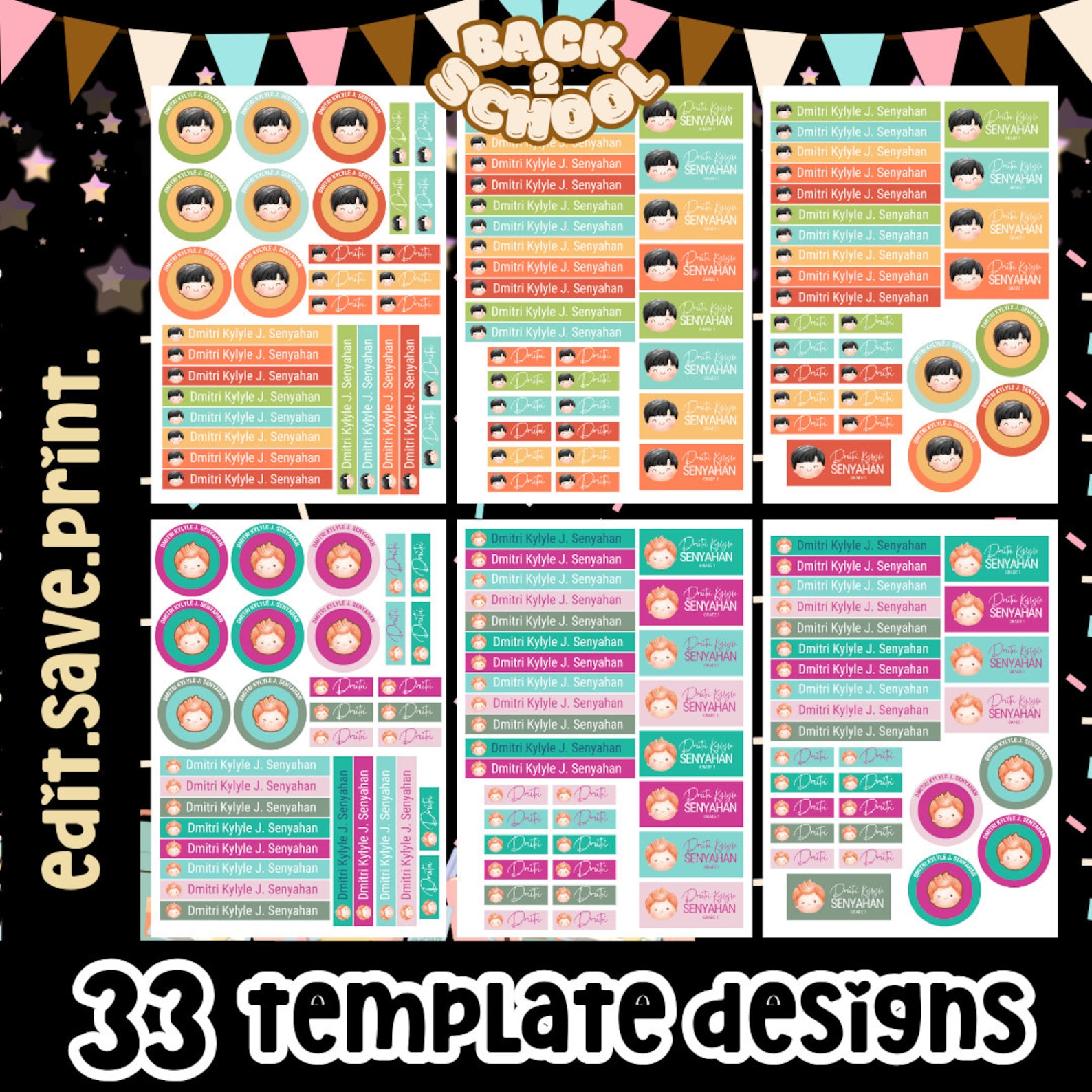 Editable Name Sticker Labels Template | 11 Colorful Palettes | A4 Size ...