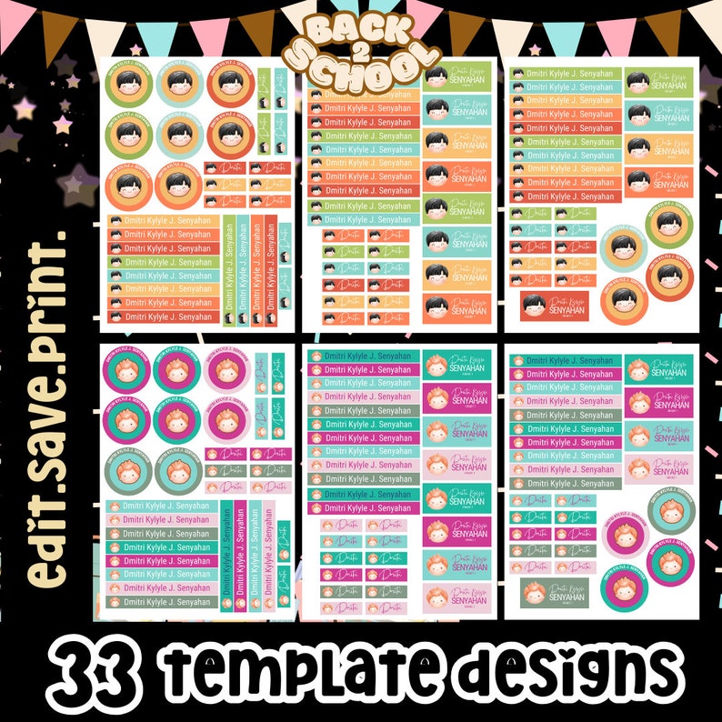 Editable Name Sticker Labels Template 11 Colorful Palettes A4 Size ...