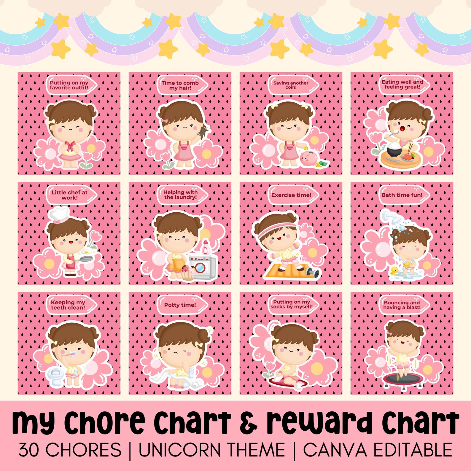 Unicorn Chore & Reward Chart for Kids 30 Editable Chore Icons A4 ...