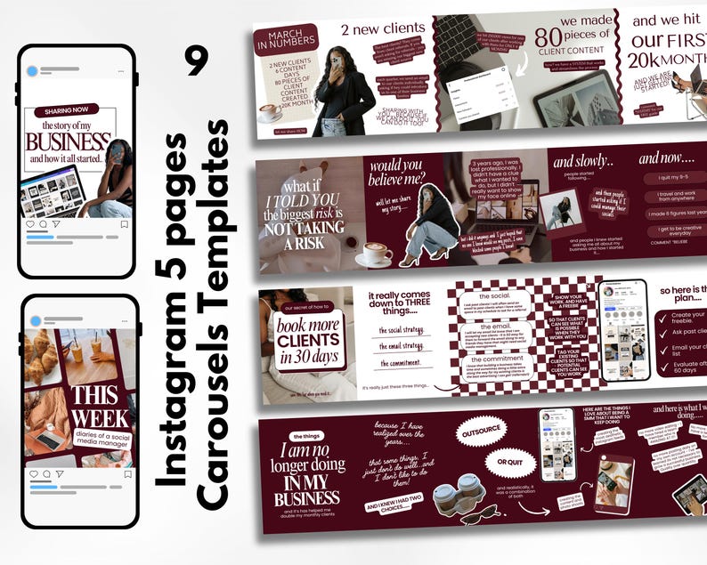 Burgundy Bold IG Carousel Templates 2026 | 9 Seamless 5-page Canva ...