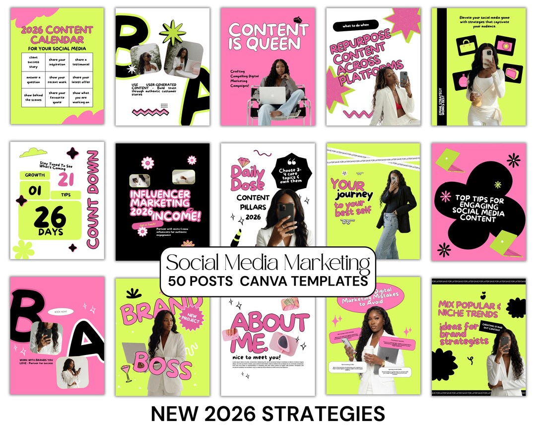Bold Black Pink Social Media Canva Templates | 50 Marketing Posts ...
