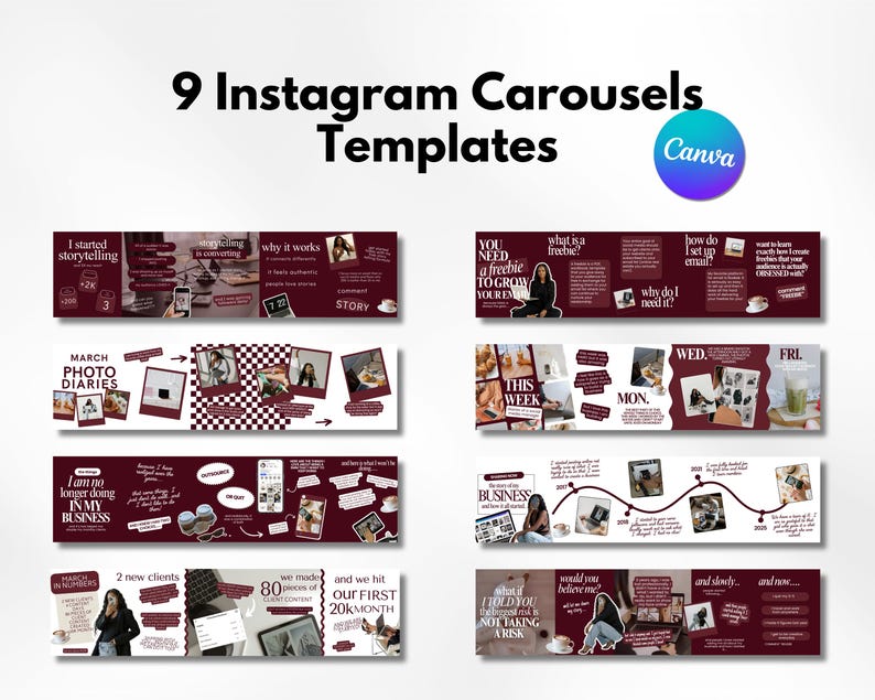 Burgundy Bold IG Carousel Templates 2026 | 9 Seamless 5-page Canva ...