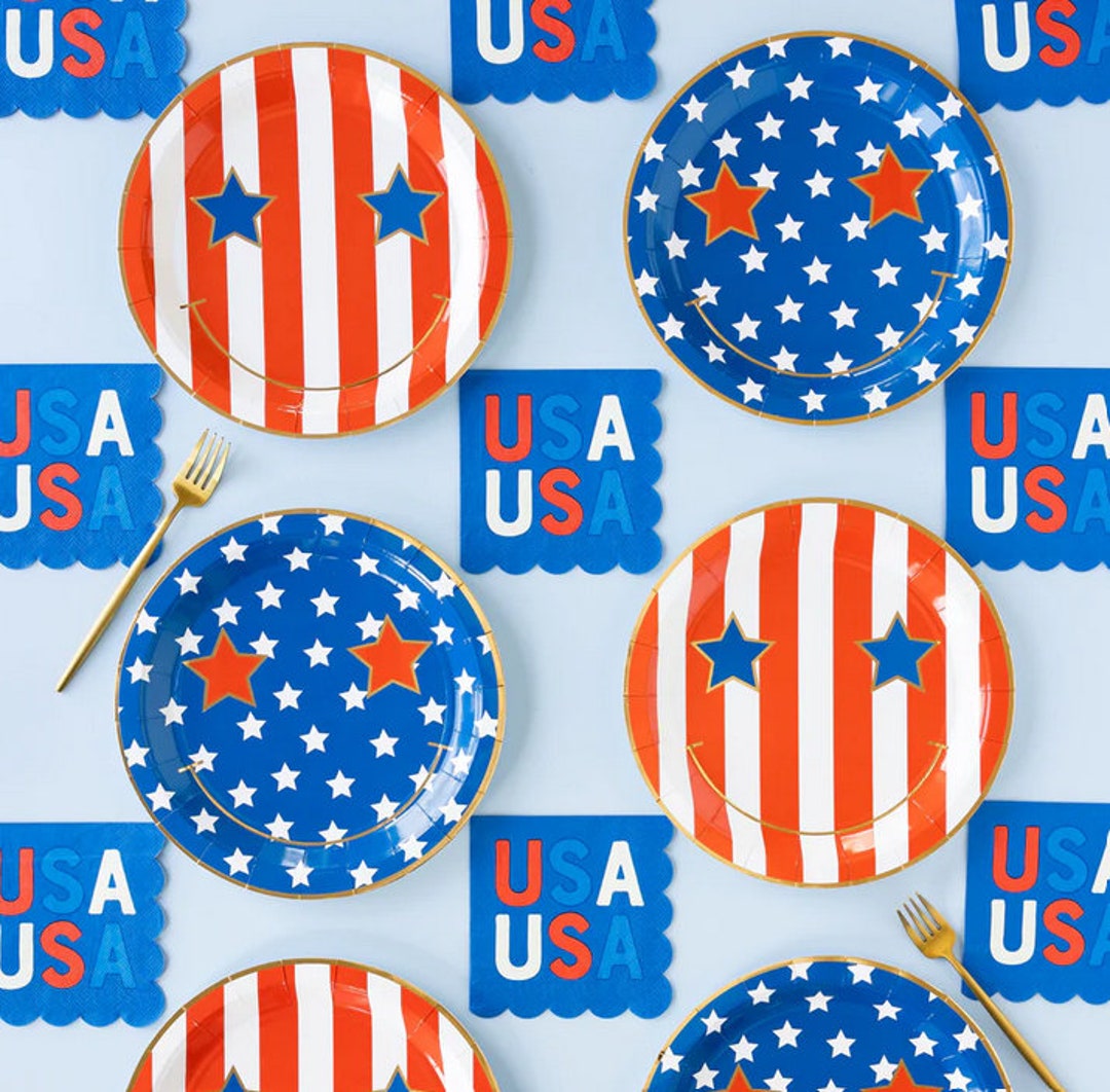 Star and Stripe Smiley Plate Set 9 8ct 2 Designs Memorial Day Decor Red ...