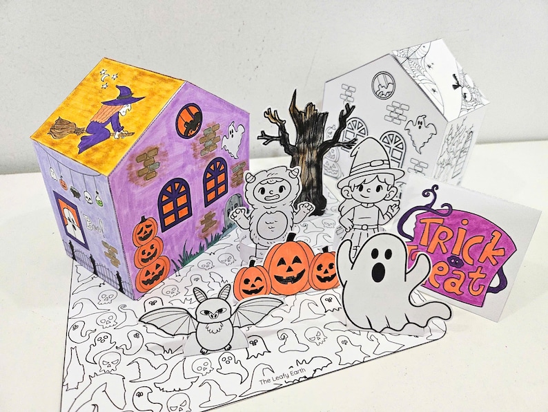 Halloween Paper House Coloring Set, 3D Haunted House, Spooky Paper ...
