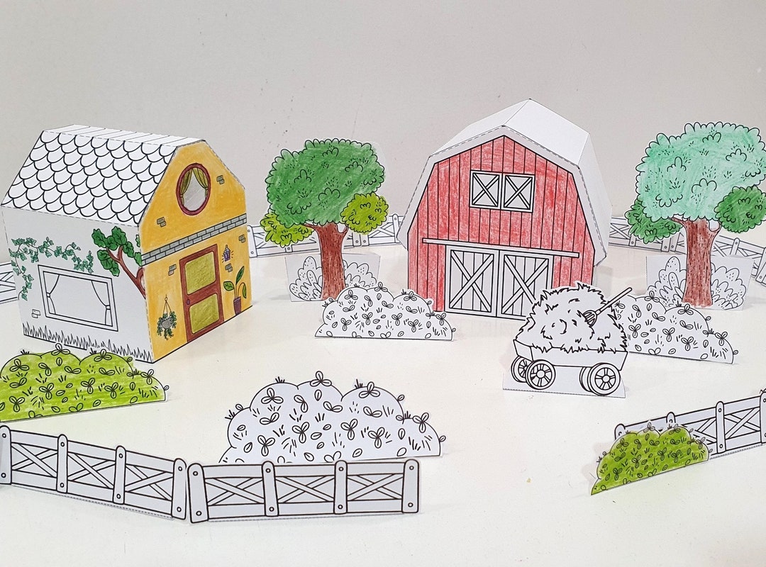 Paper Barn and House Coloring Set, Paper Toy Houses Craft, Printable ...