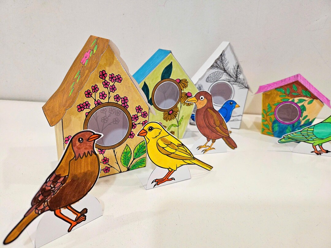 Paper Birdhouse Coloring, Spring Paper Craft, Printable Paper Houses ...