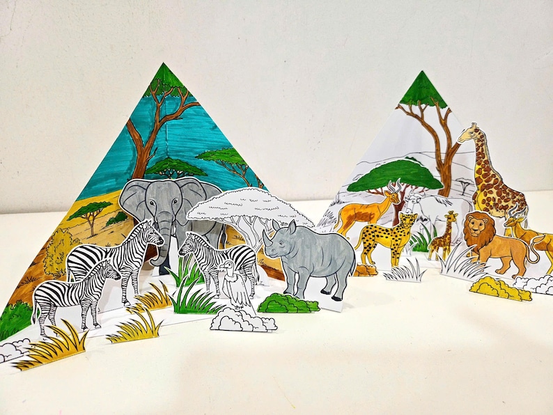 Savanna Coloring Triorama, Safari Scenes, DIY Kids Paper Habitat Crafts ...