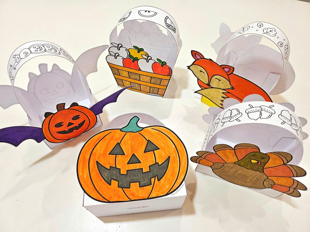 Autumn Paper Basket Coloring, Kids Fall Paper Craft, Pumpkin Paper ...