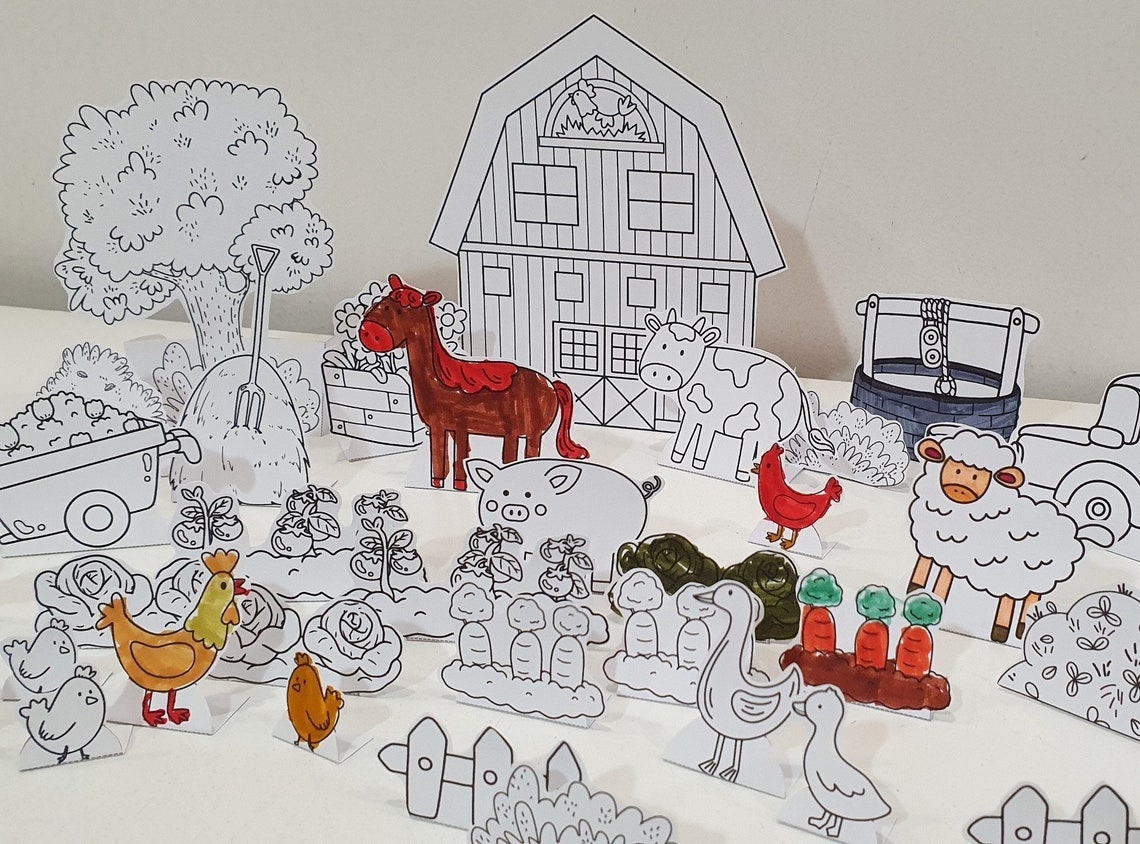 Farm Coloring Diorama, Printable Farm Diorama, Farm Play Set, Paper ...