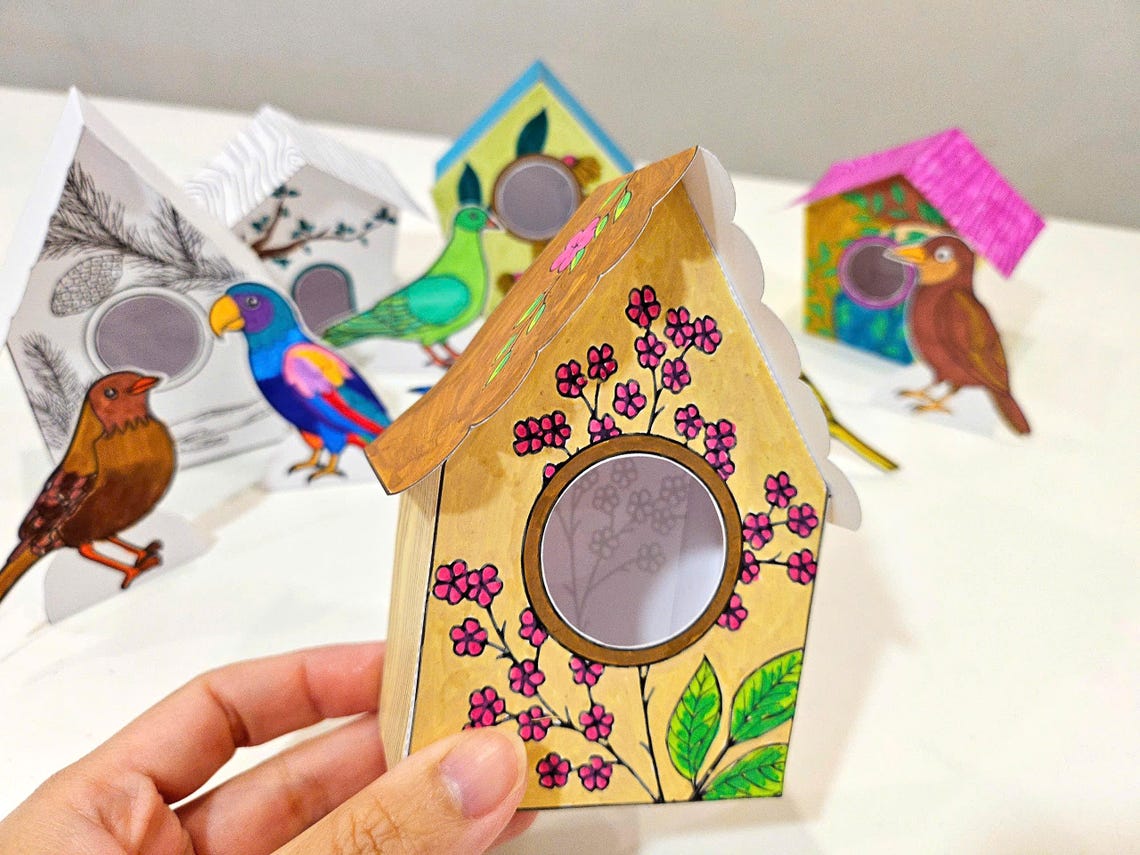 Paper Birdhouse Coloring, Spring Paper Craft, Printable Paper Houses ...