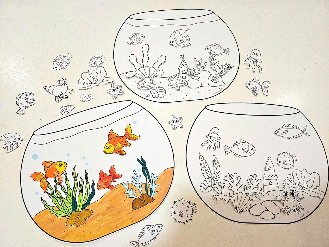 Build a Fish Bowl Coloring, Kids DIY Paper Crafts, Color and Cut, Fine ...