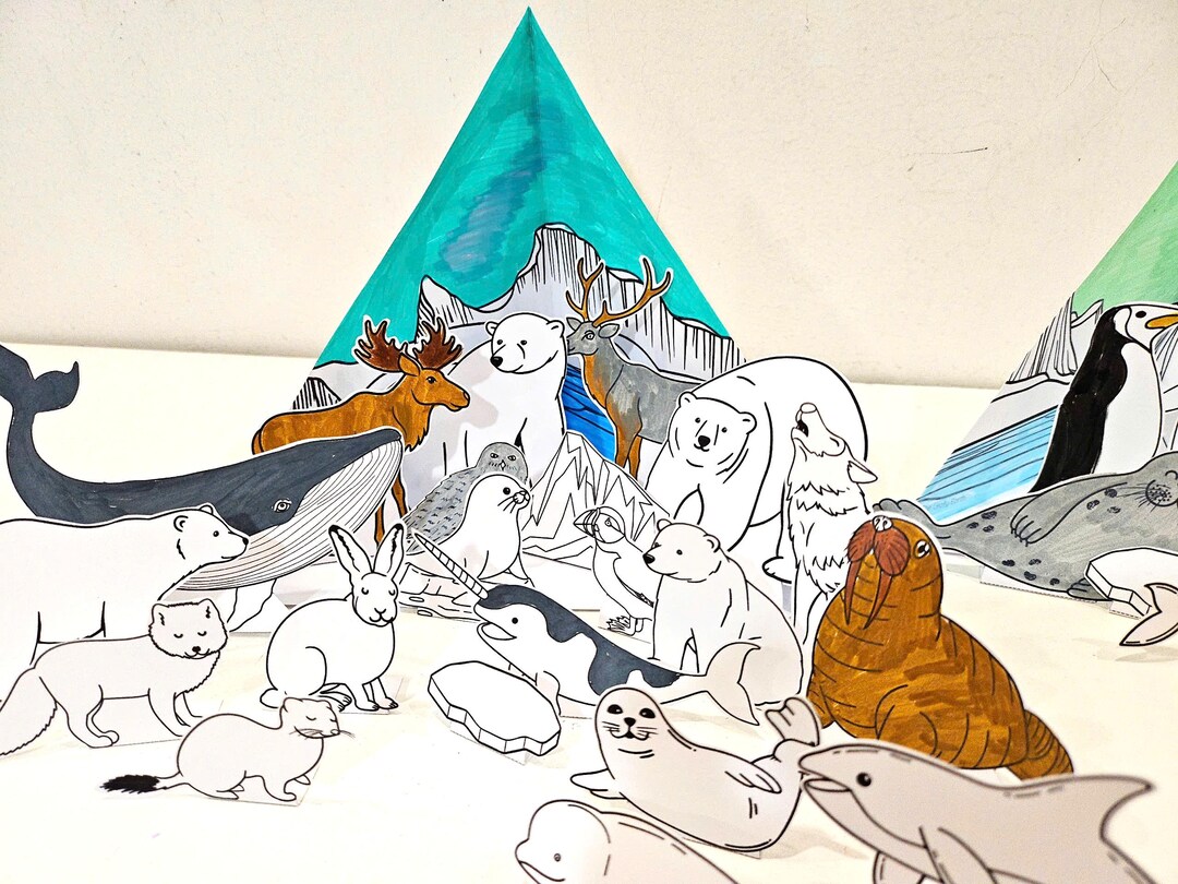 Polar Habitat Coloring Triorama, Printable Arctic and Antarctic Scenes ...