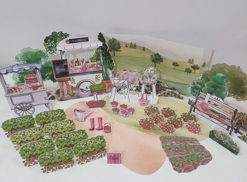 Build a Strawberry Garden Cafe, Printable Diorama, Picnic Pretend Play ...