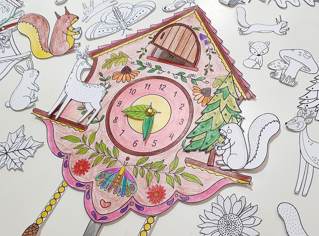 Cuckoo Clock Coloring Set, Build a Clock, Printable Educational Kids ...