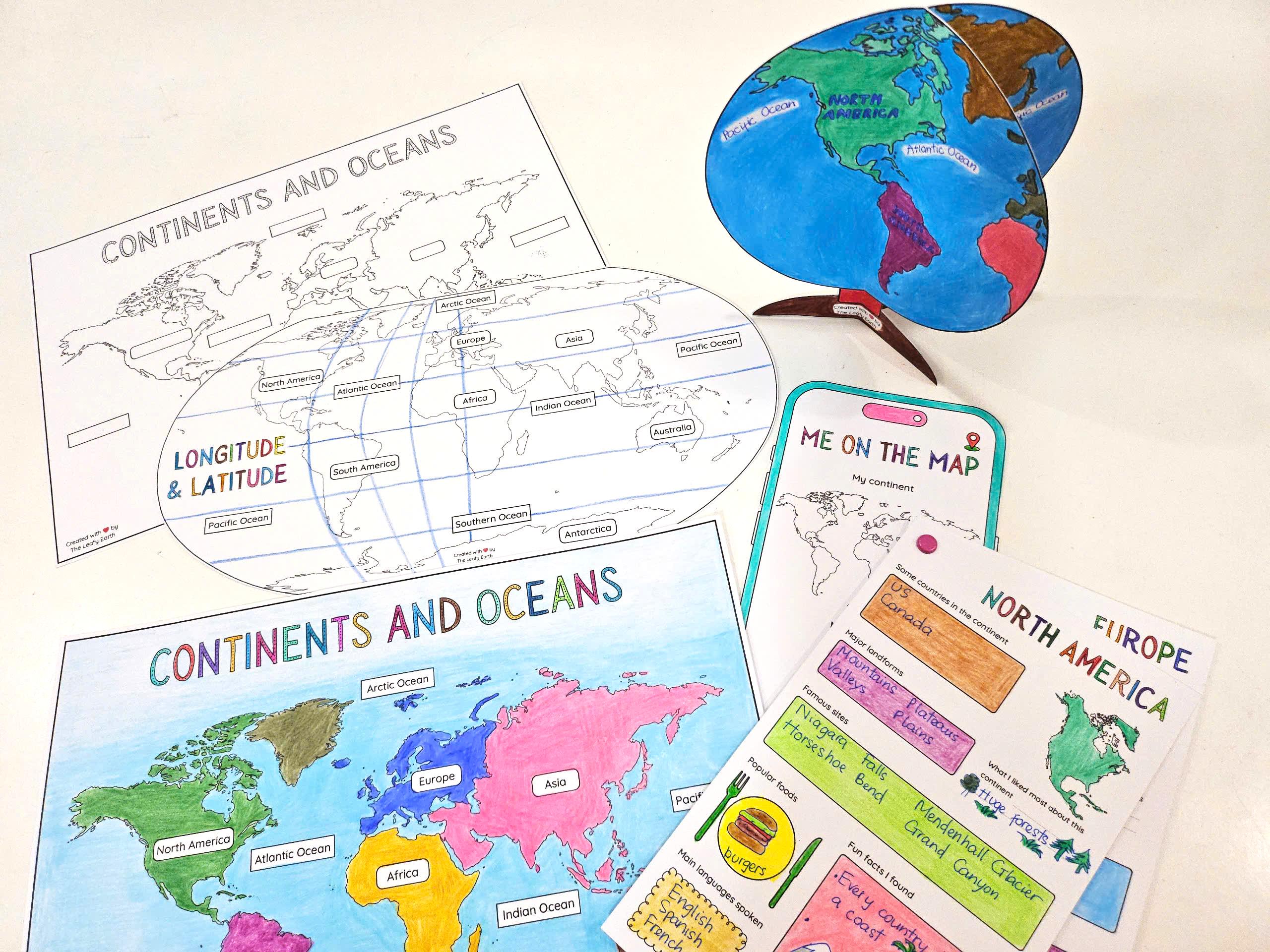 Continents and Oceans Poster, 3D Globe Model, Continent Research Report ...