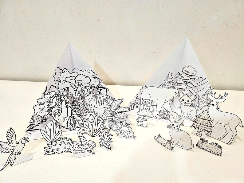 Forest Coloring Triorama, Printable Woodland Rainforest Scenes, DIY ...