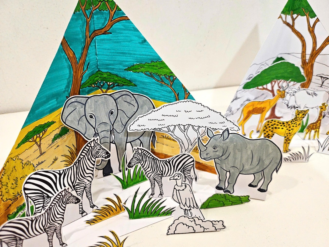 Savanna Coloring Triorama, Safari Scenes, DIY Kids Paper Habitat Crafts ...