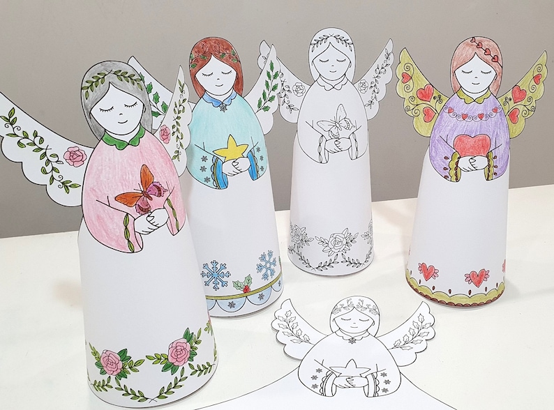 Angel Paper Dolls Coloring Set, Printable Paper Dolls, Paper Ornaments ...
