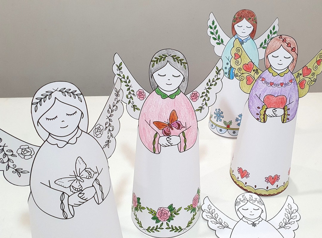 Angel Paper Dolls Coloring Set, Printable Paper Dolls, Paper Ornaments ...