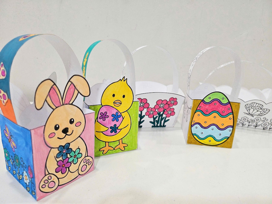 Spring Paper Basket Coloring, Kids Spring Paper Crafts, Printable ...