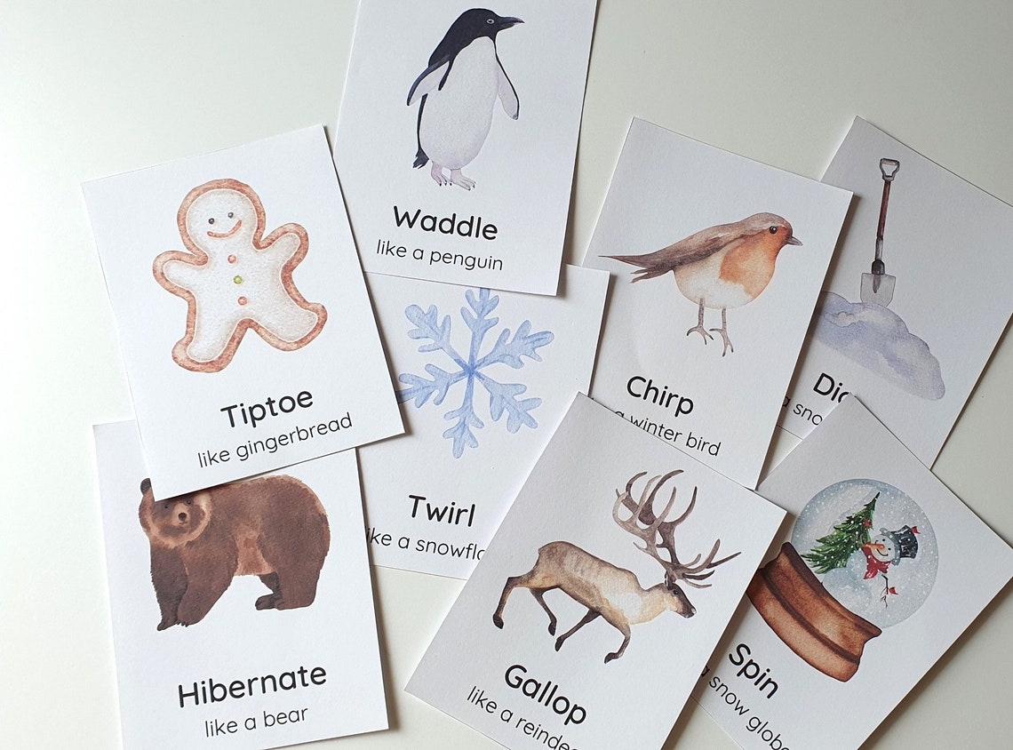 16 Winter Movement Cards for Kids, Christmas Movement Cards, Kids ...