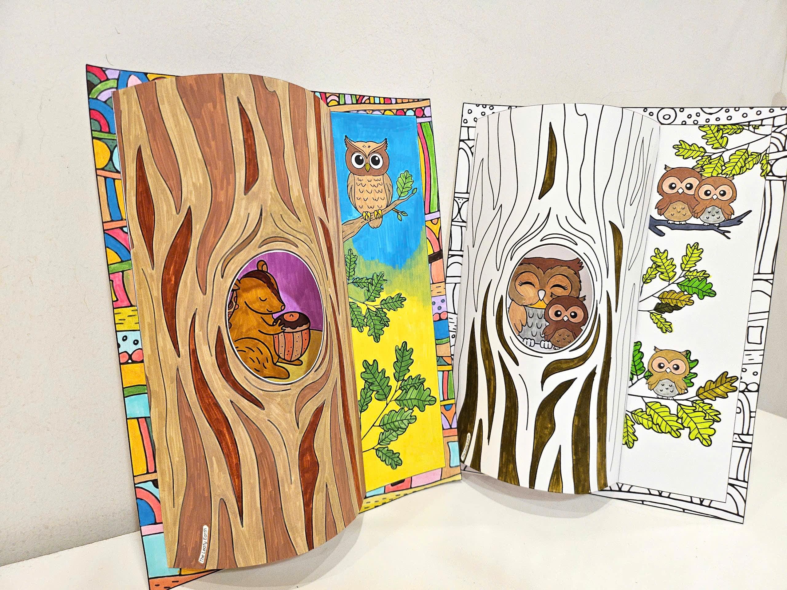 3D Woodland Tree Craft Coloring, Owl Squirrel Paper Craft, Printable ...