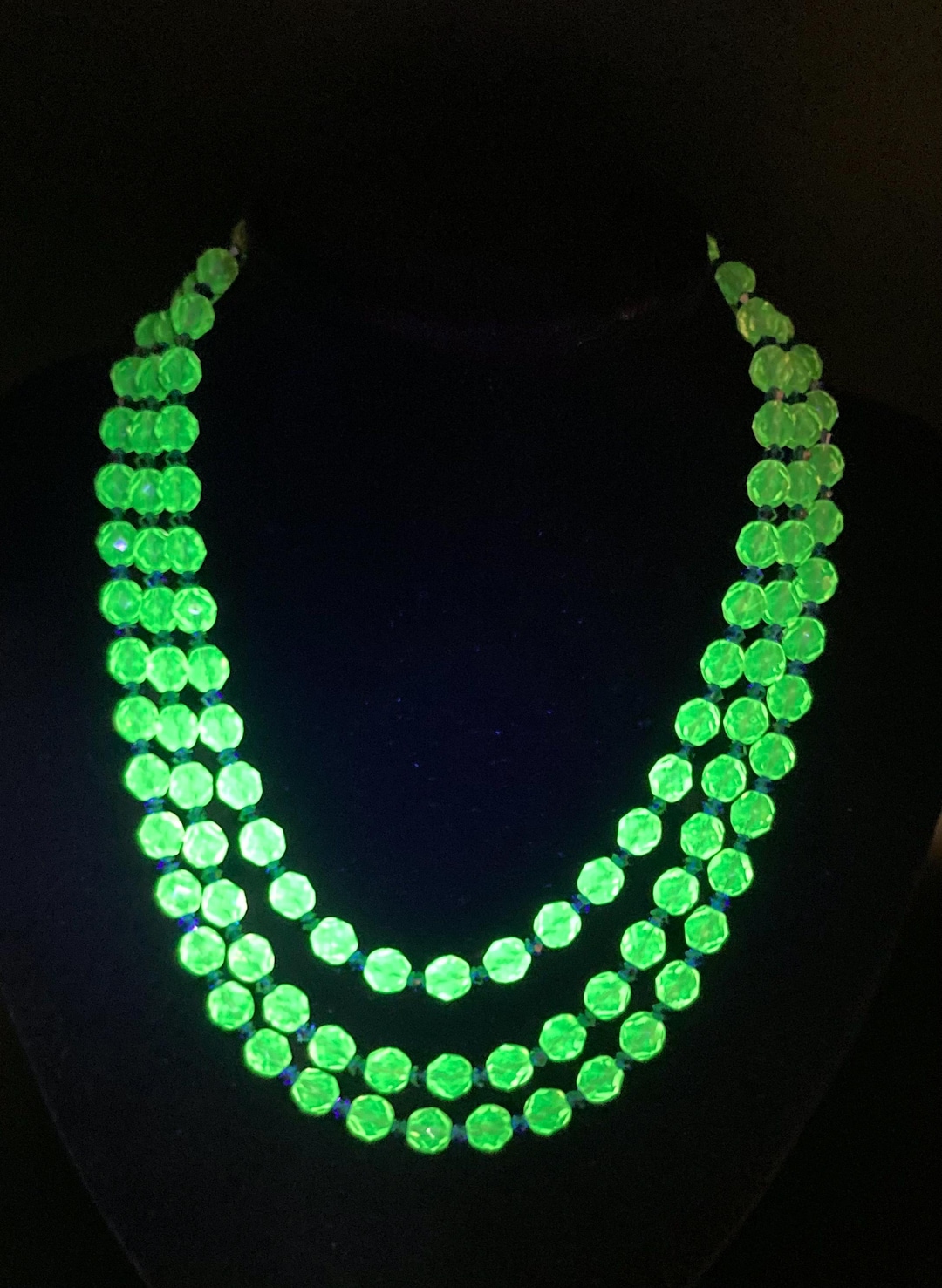 Triple Strand Vaseline Uranium Glass Beaded Necklace With Cobalt ...