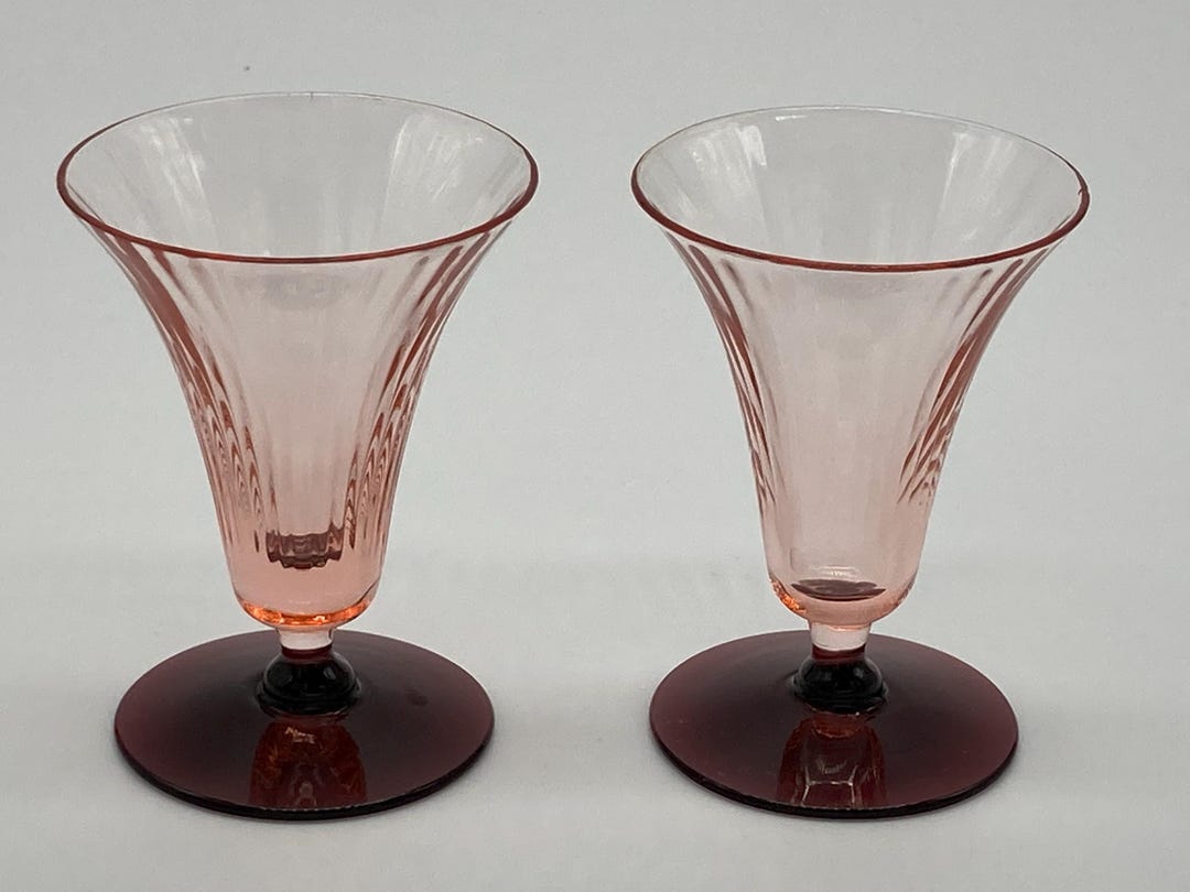 Pair Pink Ribbed Cordials With Amethyst Bases Utility Glass RARE - Etsy