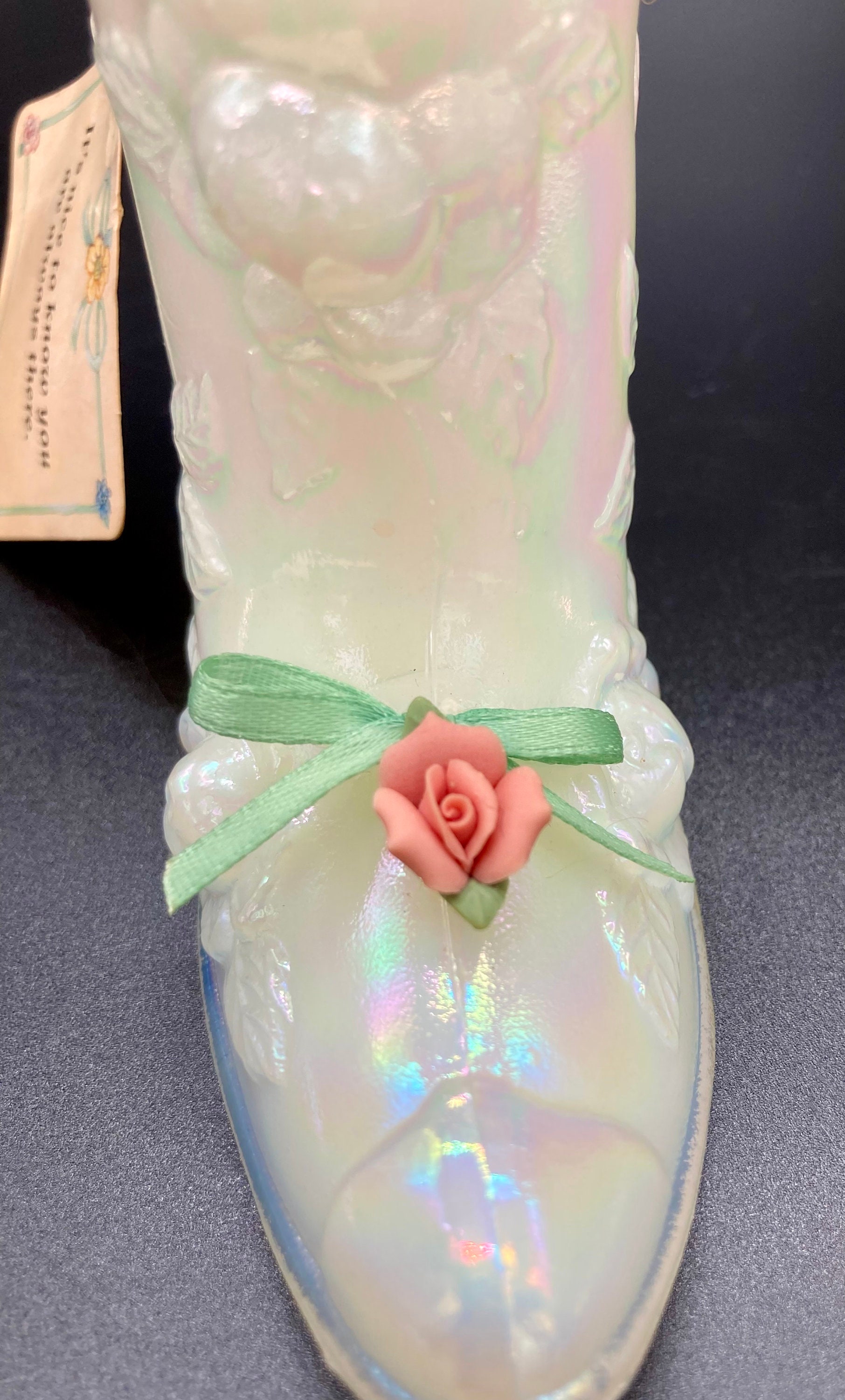 Fenton White Iridescent Cabbage Rose Glass Slipper Shoe With Applied ...